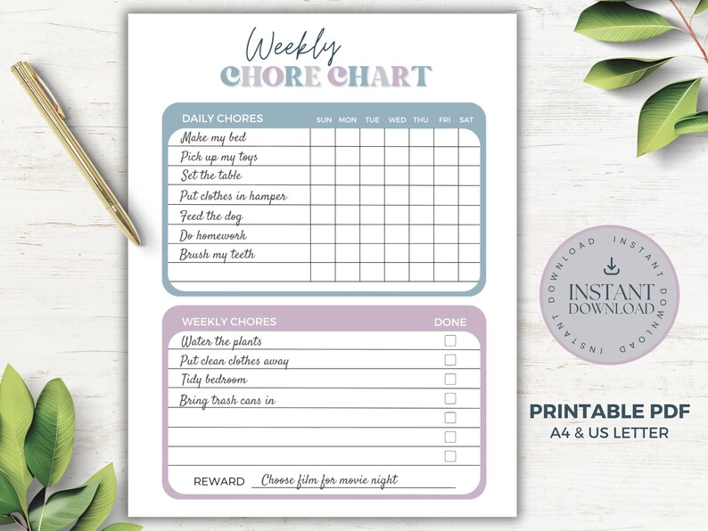 Kids Weekly Chore Chart, Printable PDF, Chore Chart for Kids ...