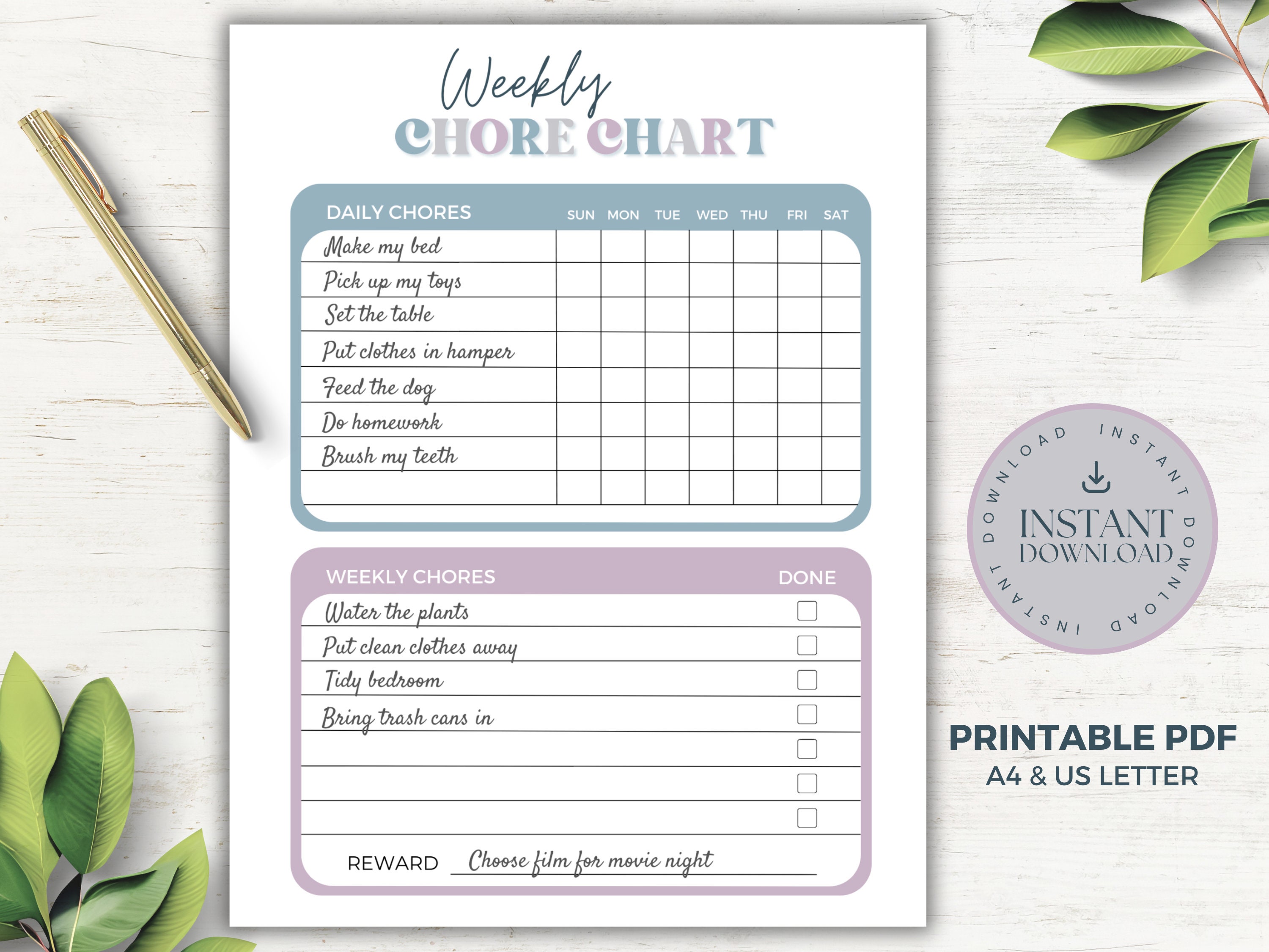 Kids Weekly Chore Chart, Printable PDF, Chore Chart for Kids ...