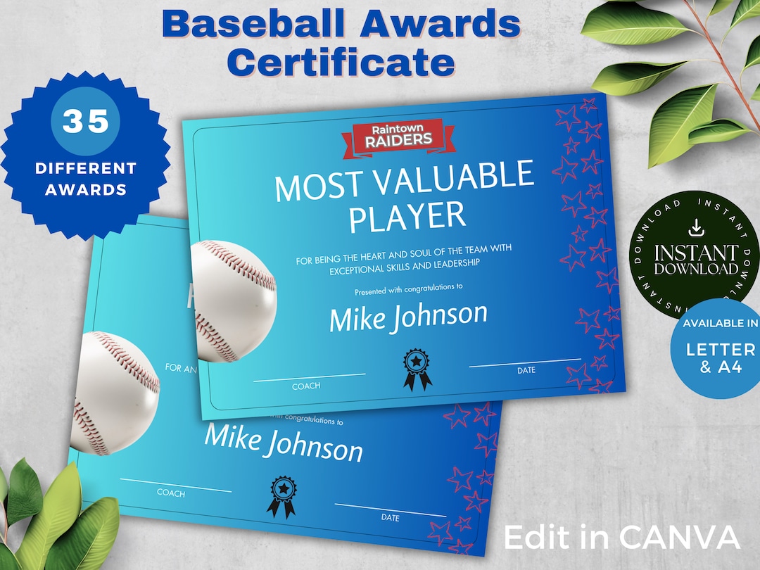 Baseball Award Certificate Template Editable | Create Custom Team ...