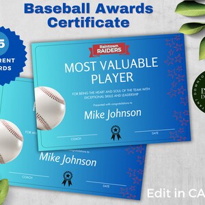 Baseball Award Certificate Template Editable | Create Custom Team ...