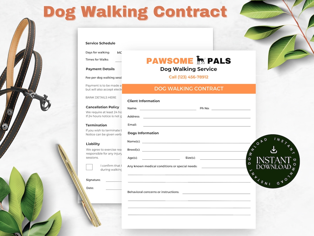 Dog Walker Contract | Editable Template | Pet Walking Business ...