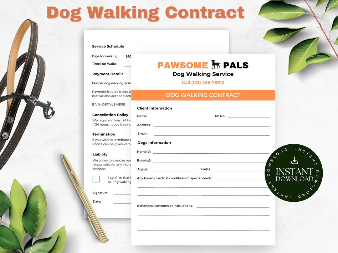 Dog Walker Contract Editable Template Pet Walking Business