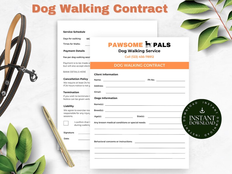 Dog Walker Contract | Editable Template | Pet Walking Business ...