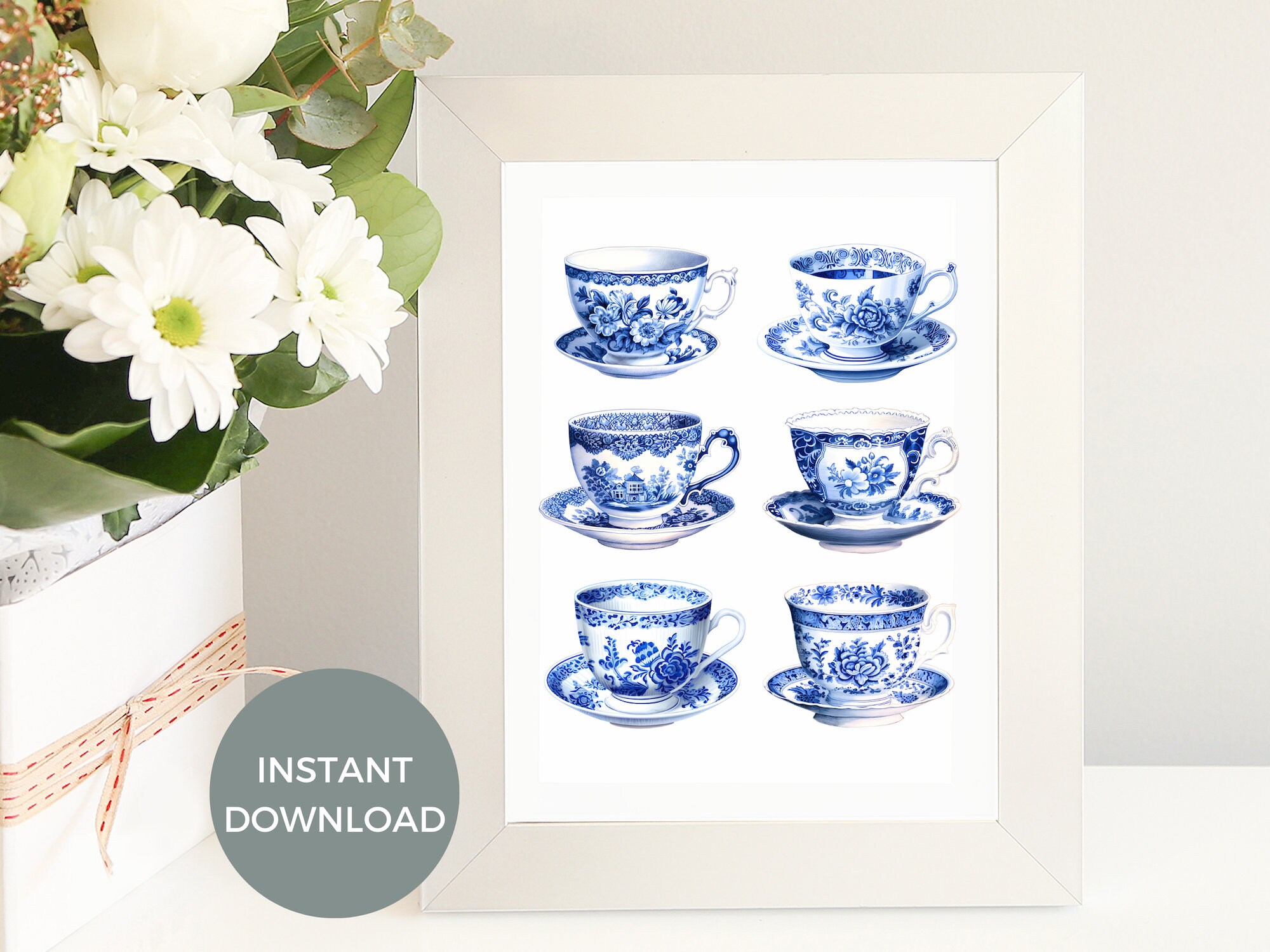 Blue & White Delft Teacups, Printable Wall Art, INSTANT DOWNLOAD ...