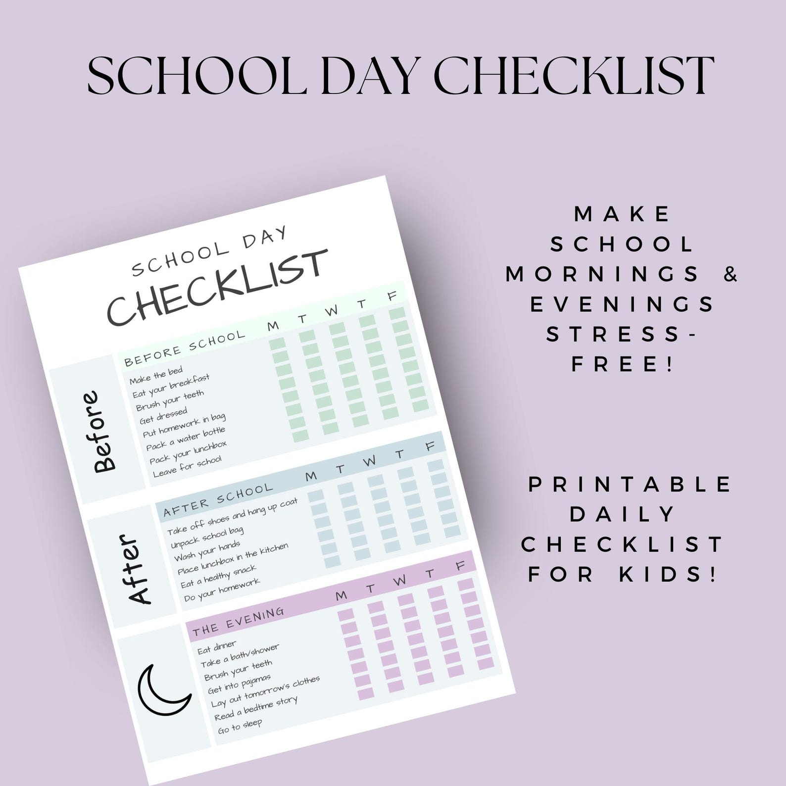 School Day Checklist for Kids | Morning & Evening Routine Chart ...