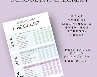 Printable School Day Checklist for Kids | Daily Routine Chart | Monday ...