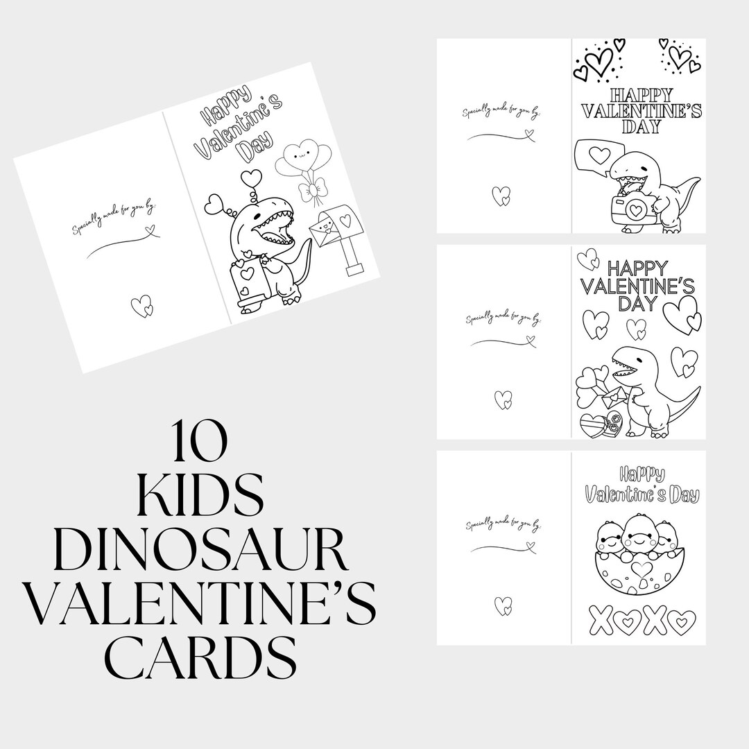 Dinosaur Valentine’s Day Cards, 10 Printable Coloring Cards, Cute Dino ...