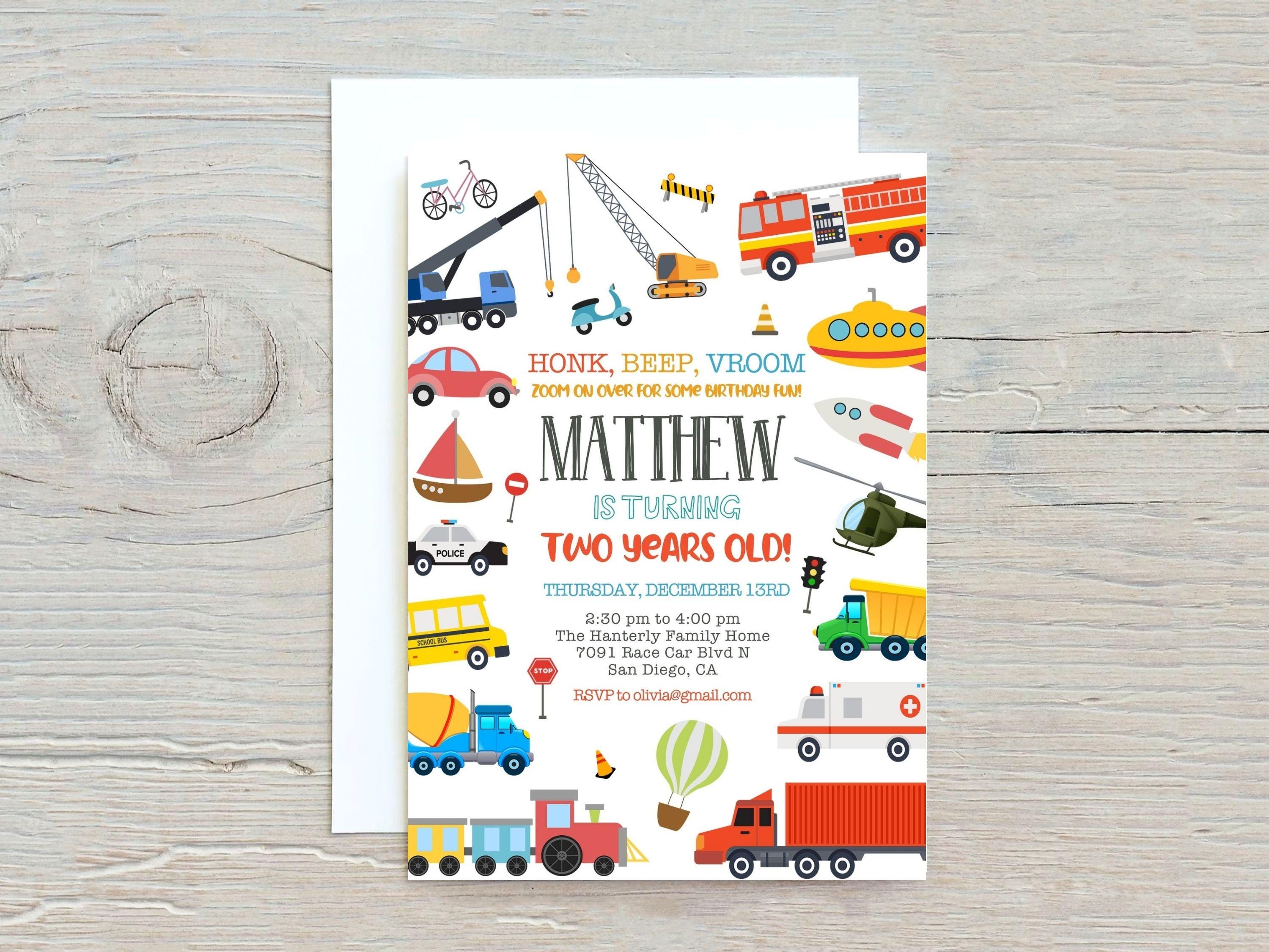 Trucks and Cars Birthday Invitation for Kids – Printable 5x7 Party ...