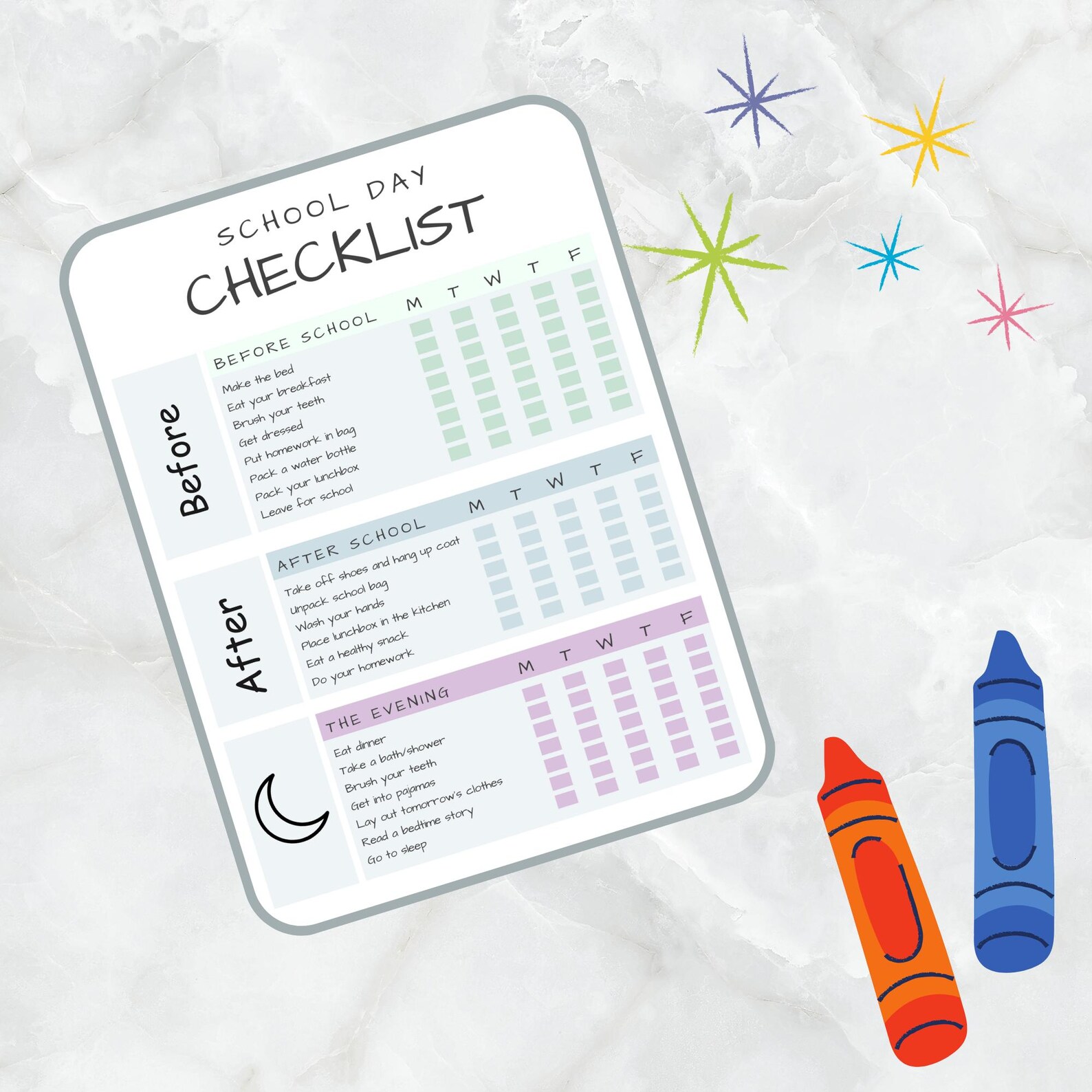 School Day Checklist for Kids | Morning & Evening Routine Chart ...