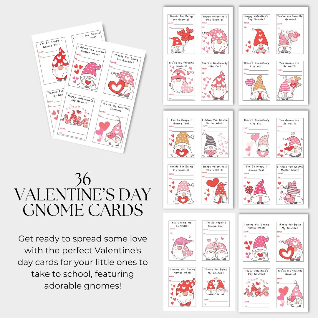36 Gnome Valentine's Day Cards for Kids, Printable Holiday Fun, Instant ...