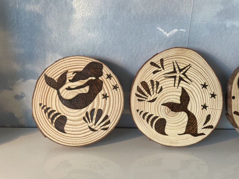 Mermaid Wooden Pyrography Coasters. - Etsy