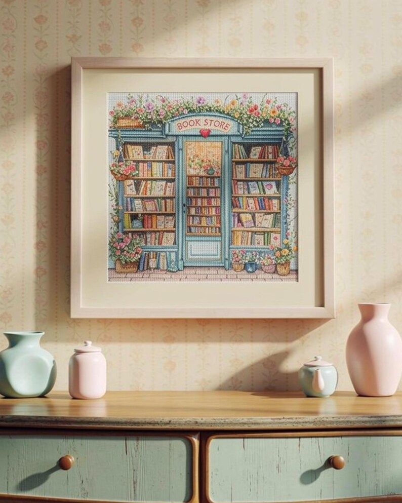 Bookstore Cross Stitch Kit 30x30 Cm, Book Shop Needlework, Floral ...