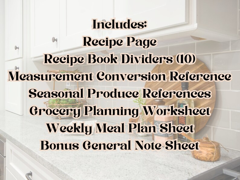 Recipe Book Meal Plan Printable Kitchen Conversion Reference - Etsy