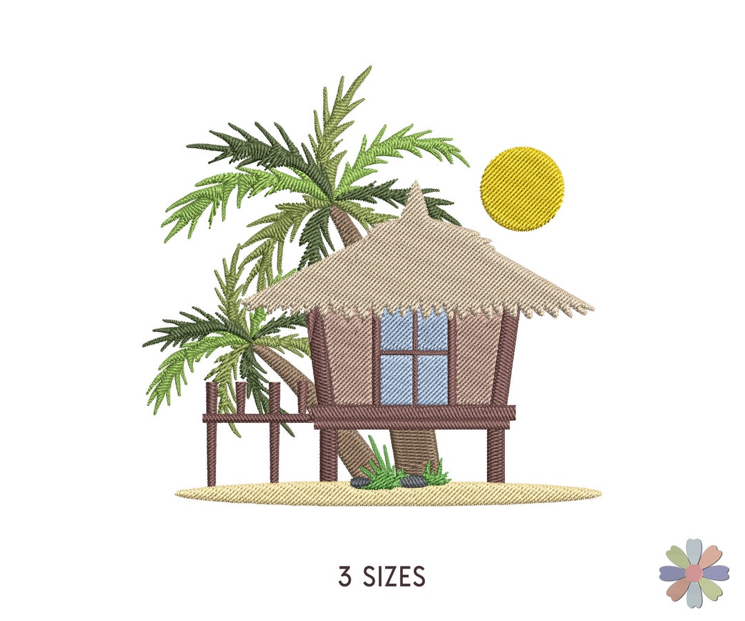 Beach Bungalow and Palm Trees Embroidery Design. Machine Embroidery ...