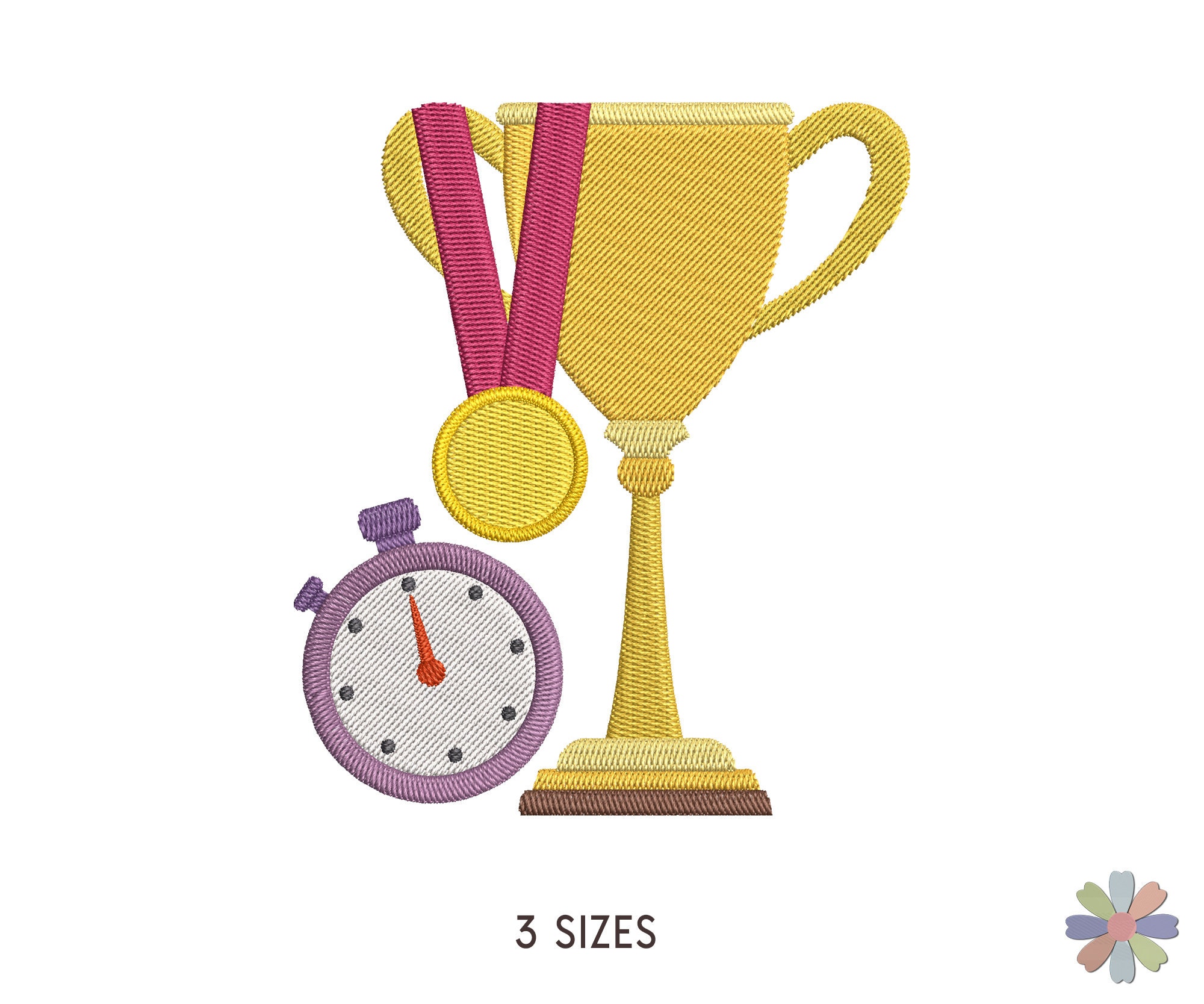 Winner Champion Cup Award Stopwatch and Gold Medal Embroidery Design ...