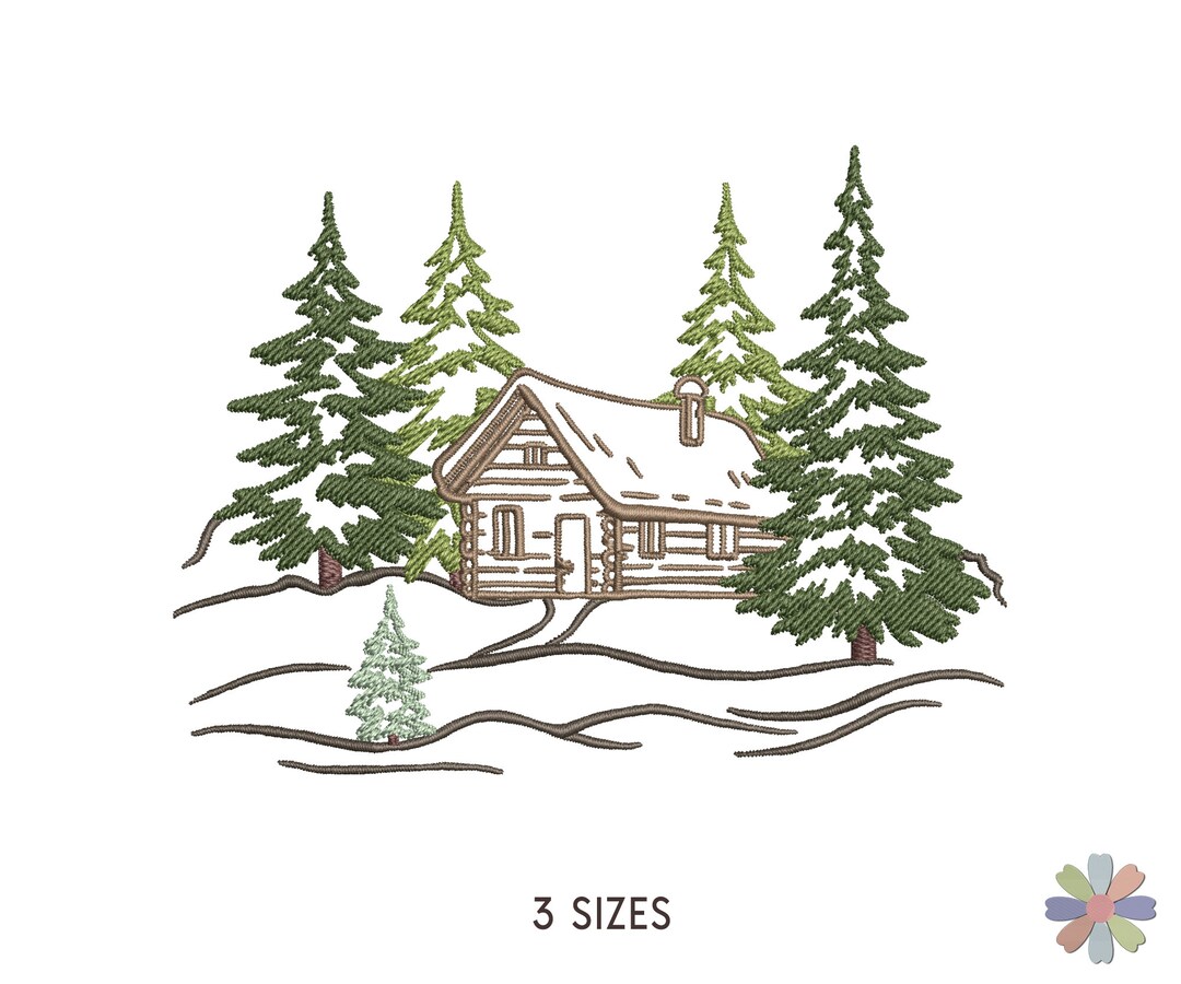Wood Cabin in Pine Fir Forest With Road Embroidery Design. Machine ...