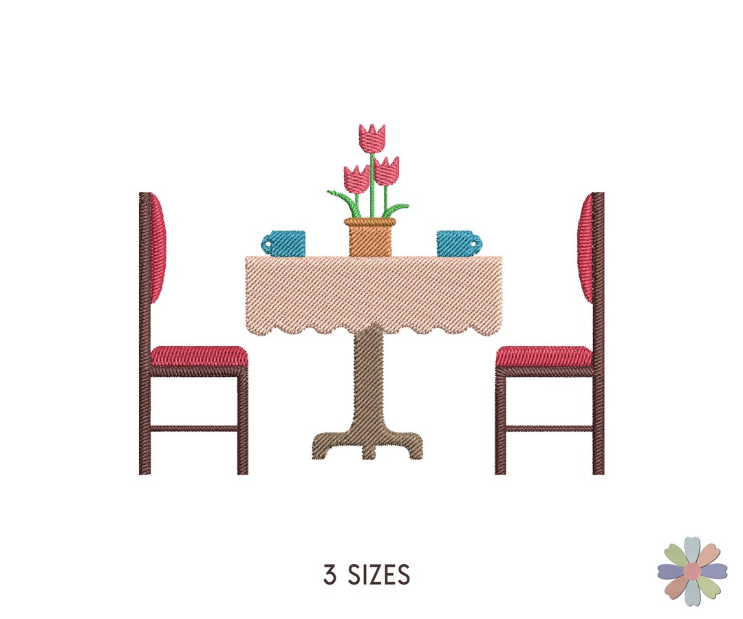 Table With Flowers Tea Cups and Red Chairs Embroidery Design. Machine ...