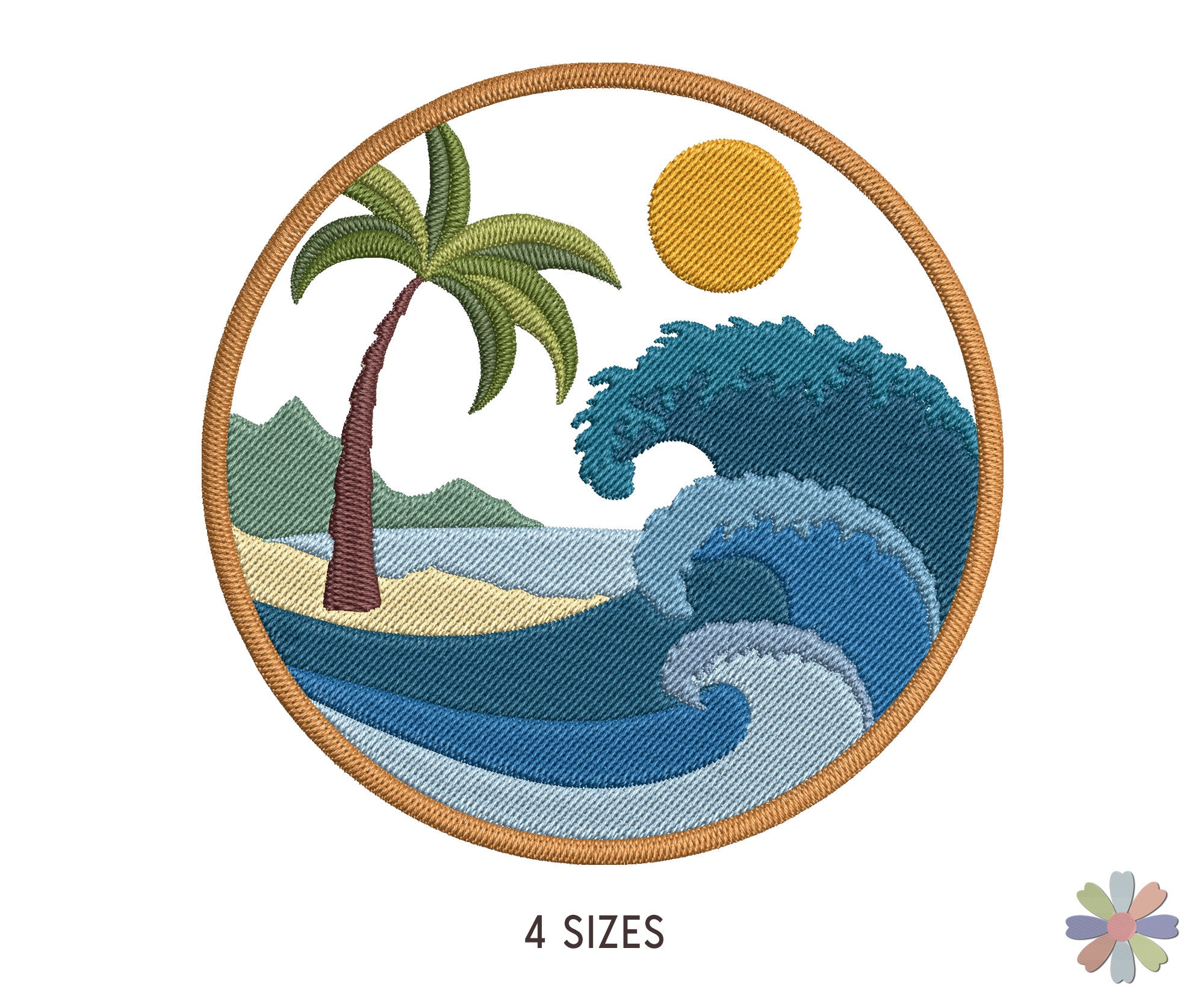 Tropical Palm Tree on Beach With Big Waves Embroidery Design: Sea Ocean ...