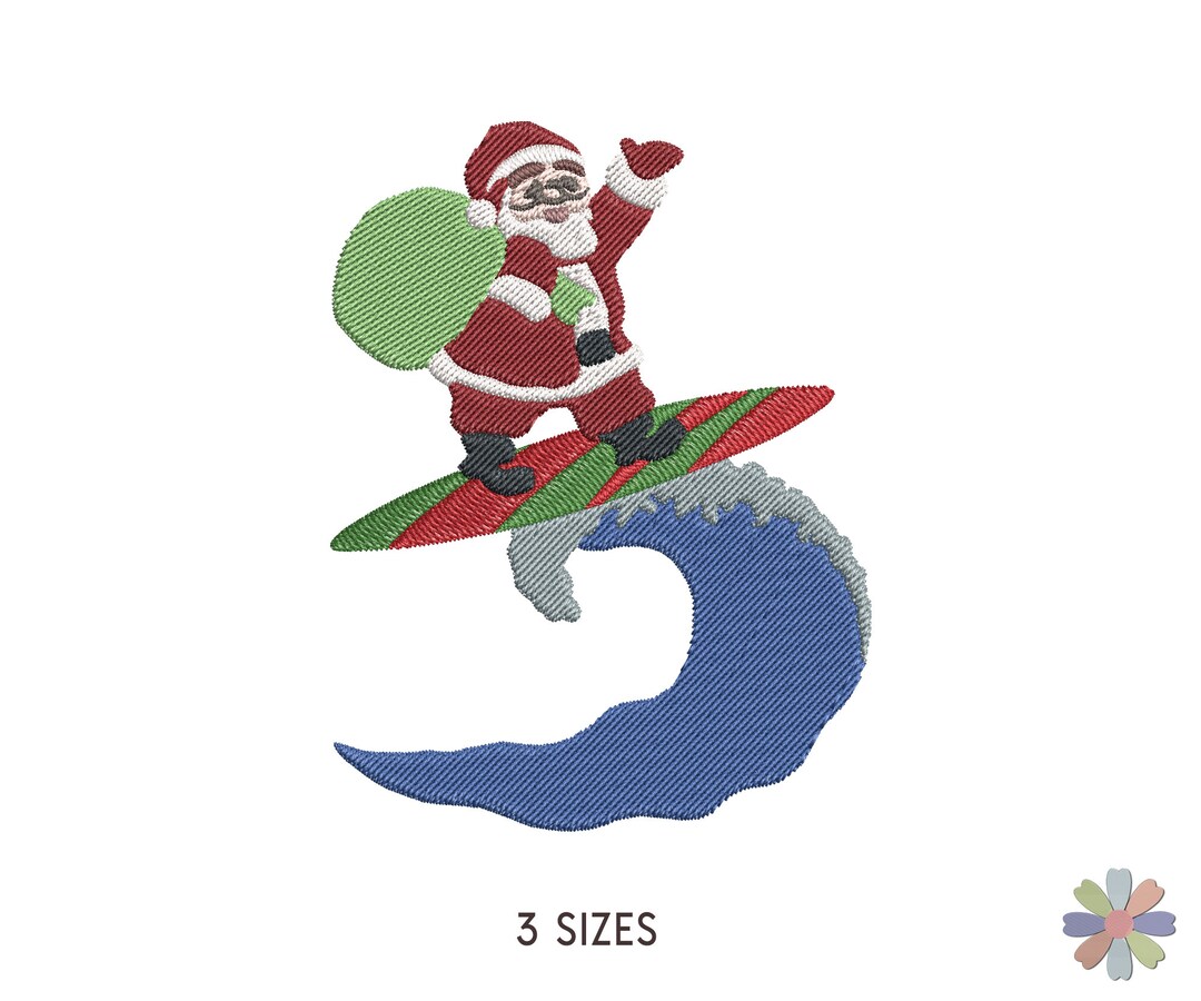 Serfing Santa on Board With Presents on Sea Wave Scene. Machine ...