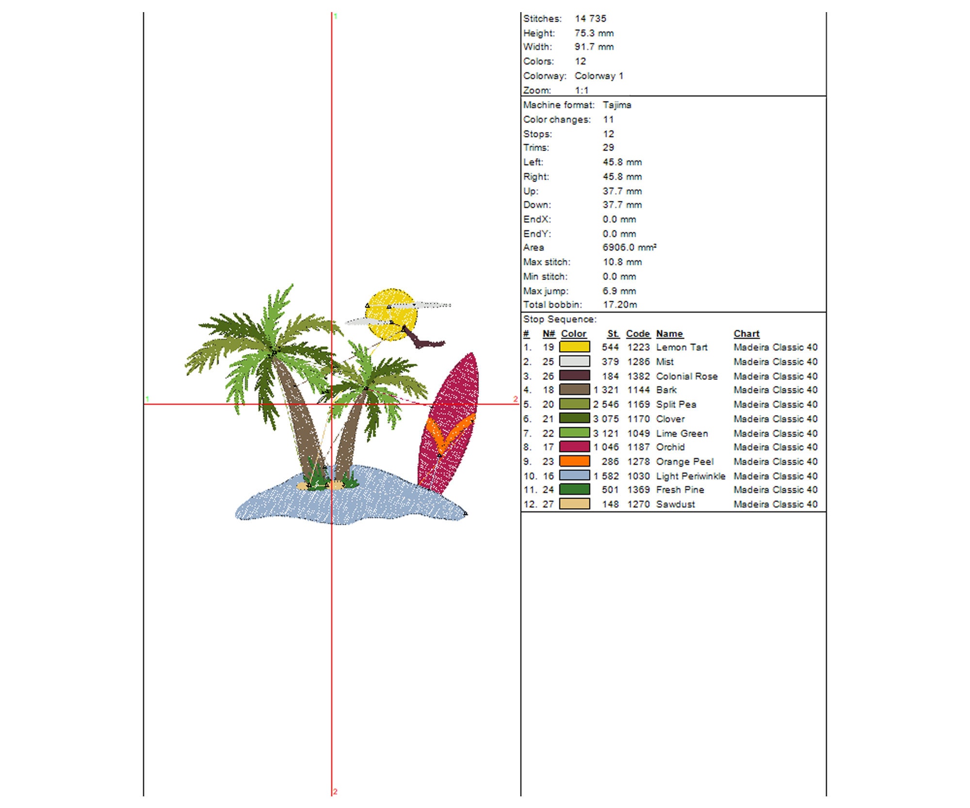Surfing Board on Island With Palm Trees Embroidery Design. Machine ...