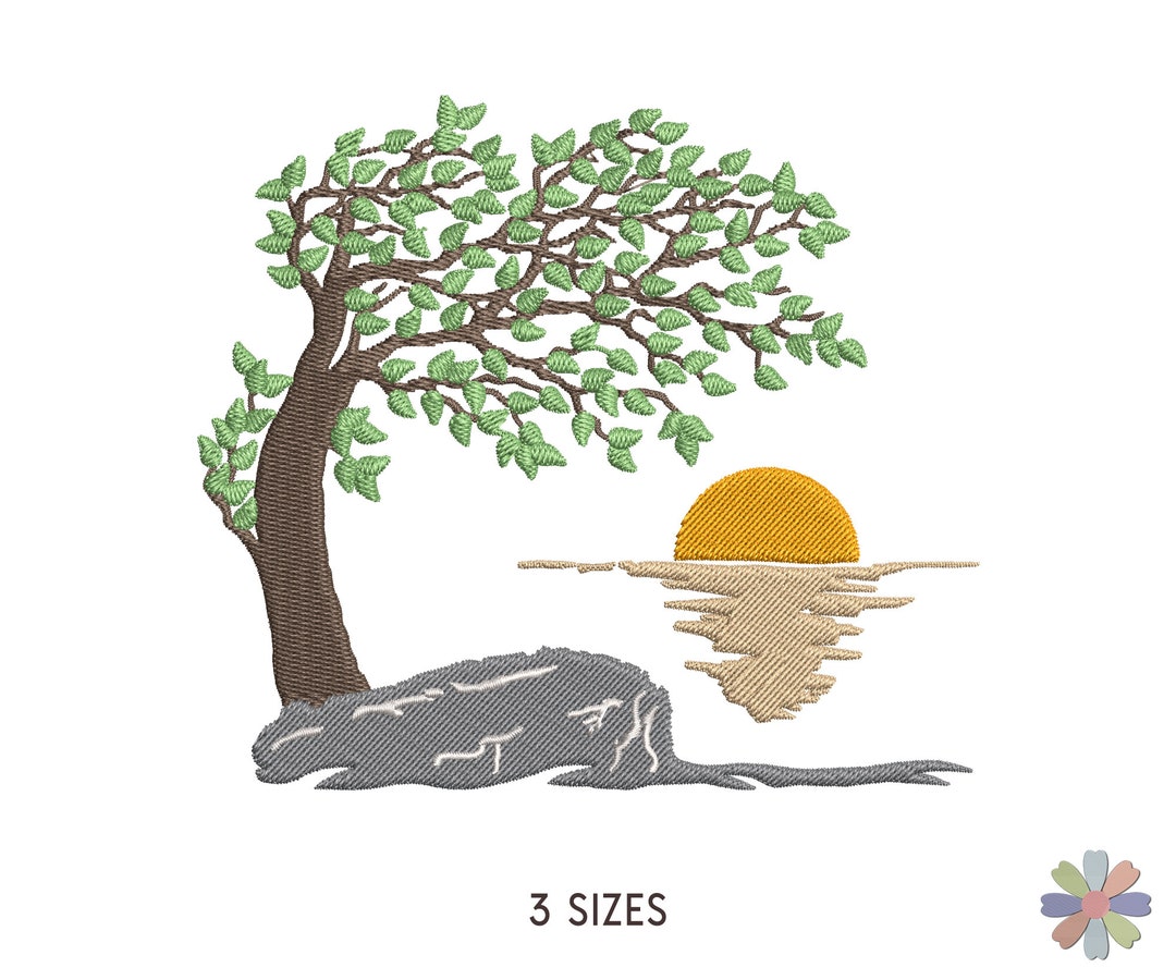 Wind Tree on Cliff on Sunset Embroidery Design: Nature Trees Scene ...