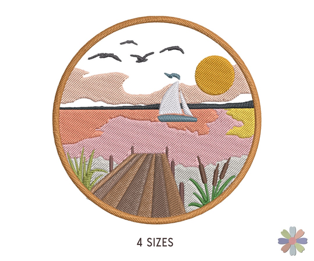 Red Sunset on Lake With Dock and Boat Embroidery Design. Machine ...