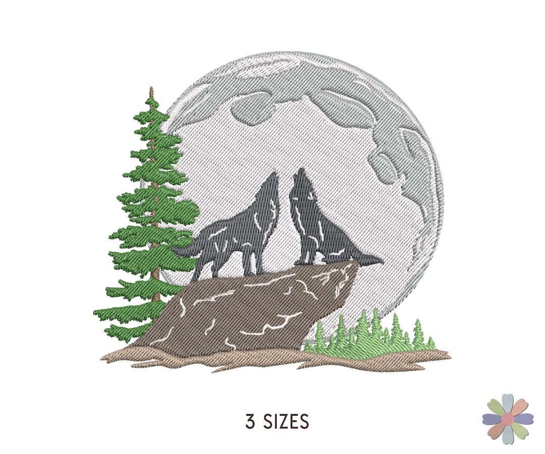 Full Moon Over Howling Wolves on Cliff Forest Embroidery Design ...