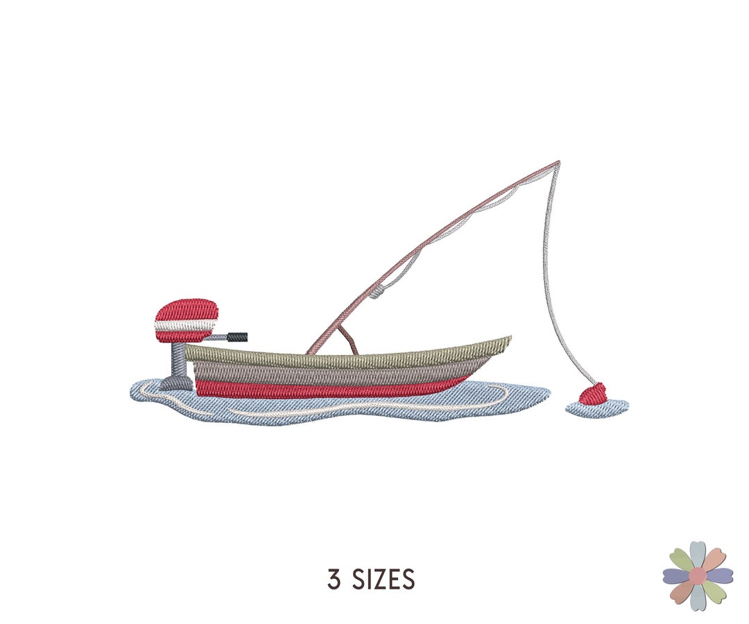 Fishing on Motor Boat on River Embroidery Design. Machine Embroidery ...