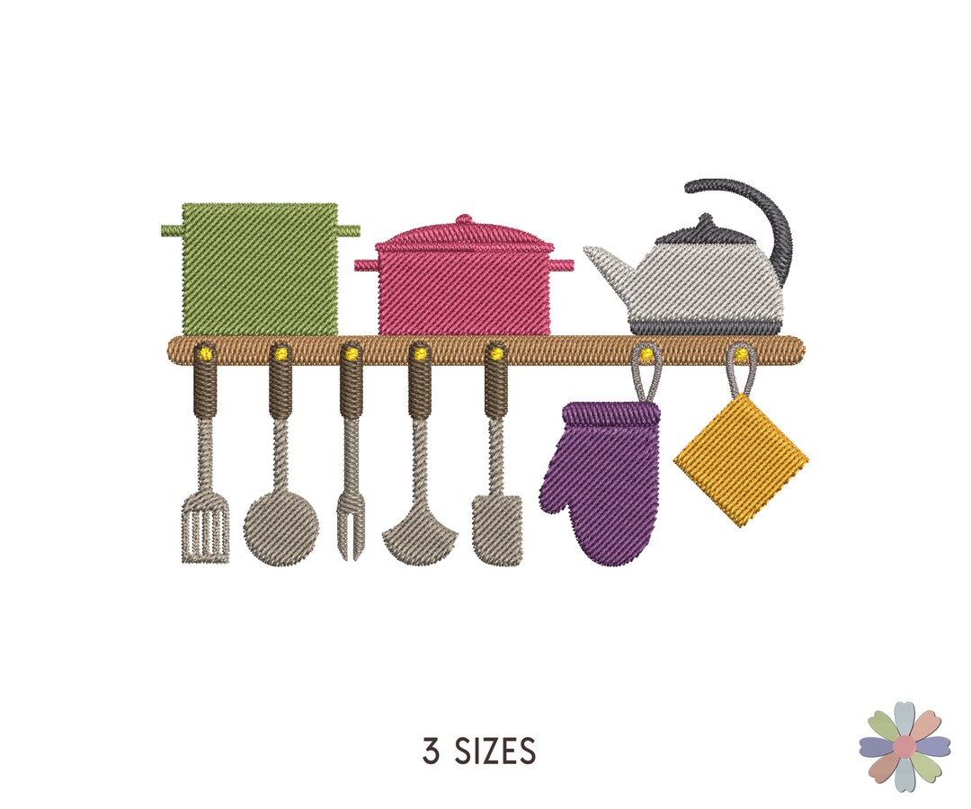 Hanging Kitchenware Utensils Pots Kettle Embroidery Design. Machine ...