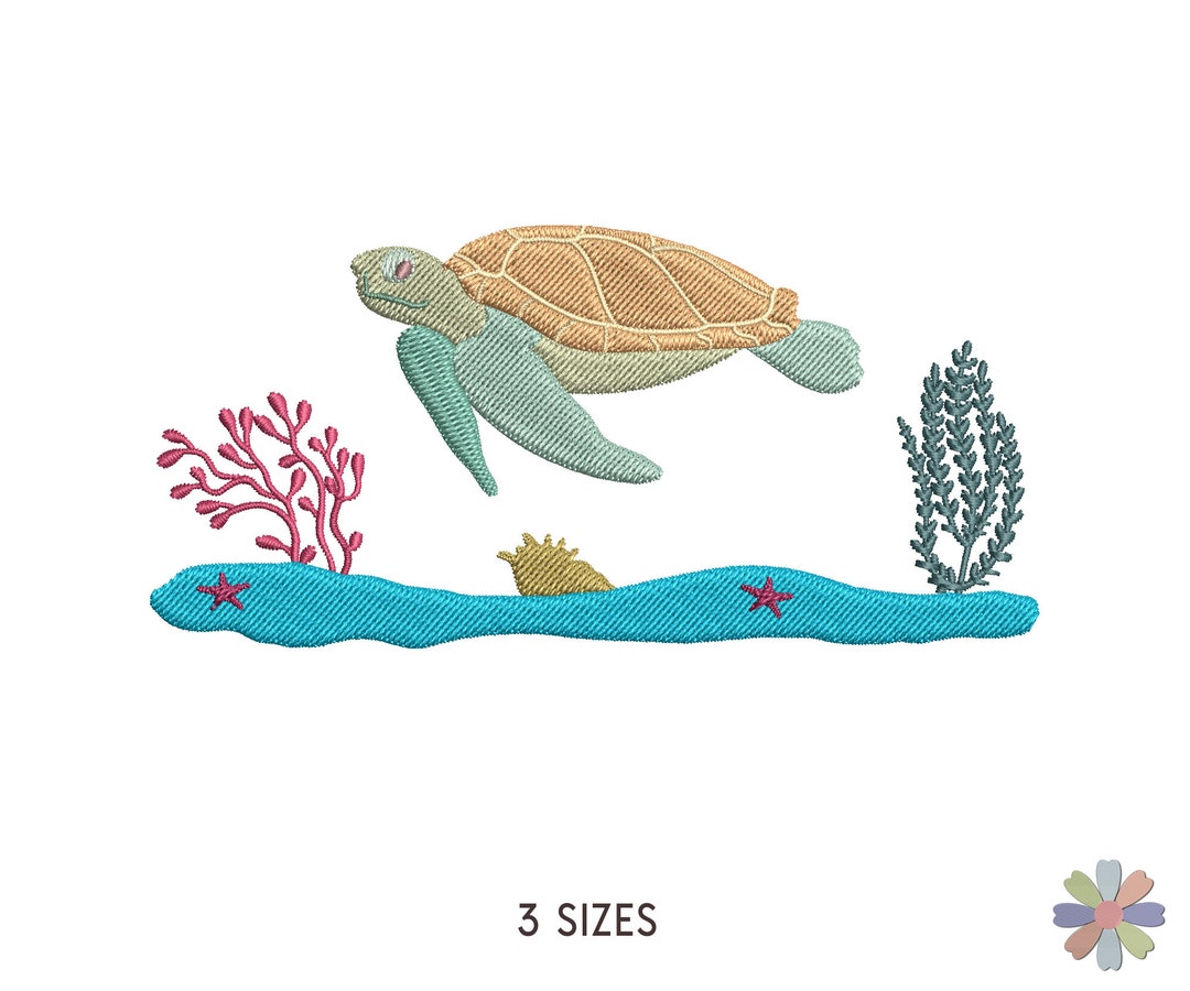 Swimming Turtle on Sea Floor Embroidery Design: Sea Ocean Scene (multi ...