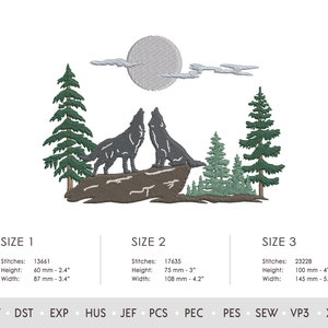 Couple Howling Wolves in Pine Fir Forest Twinni Embroidery Design ...