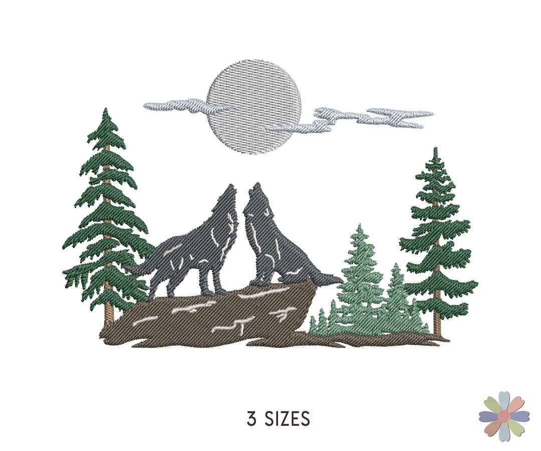 Couple Howling Wolves in Pine Fir Forest Twinni Embroidery Design ...