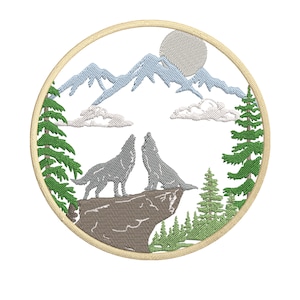 Howling Wolves on Cliff in Mountains Forest Embroidery Design. Machine ...