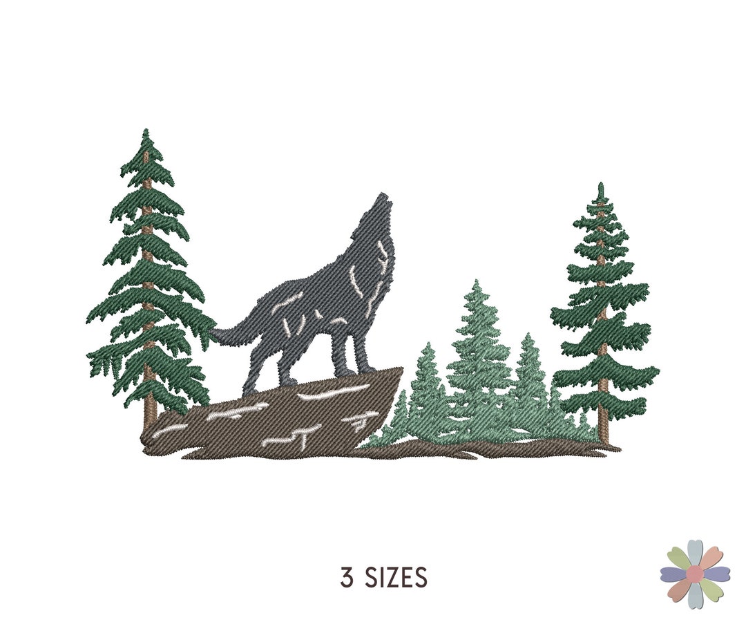 Howling Wolf in Pine Fir Forest Onni Embroidery Design: Animals Scene ...