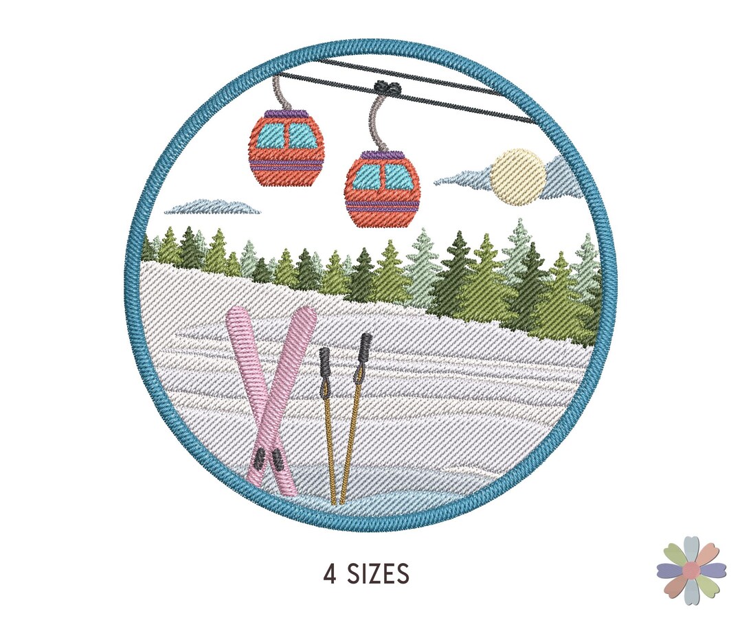 Ski Lift Elevators Skiing in Forest Hill on Height Embroidery Design ...