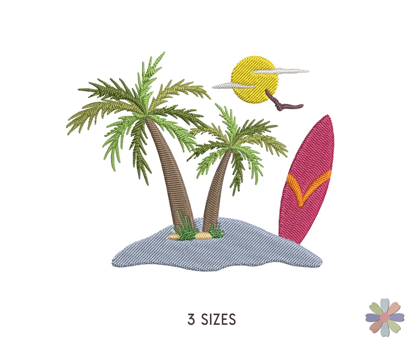 Surfing Board on Island With Palm Trees Embroidery Design. Machine ...