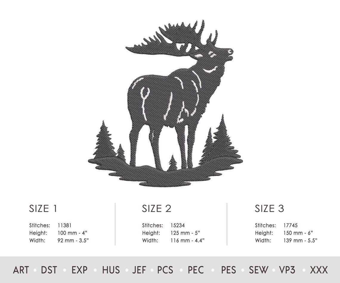 Walking Roaring Moose in Pine Fir Forest Silhouette Embroidery Design ...
