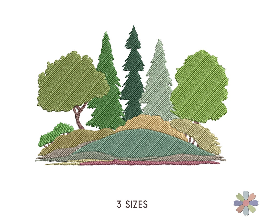 Forest Pine Fir and Leafy Trees on Hill Embroidery Design. Machine ...