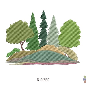 Forest Pine Fir and Leafy Trees on Hill Embroidery Design: Nature Scene ...