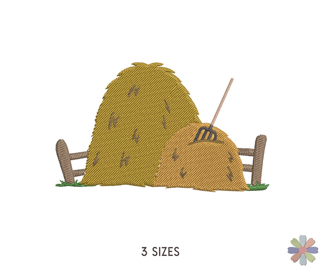 Dry Hay Near Wooden Fence With Pitchfork Embroidery Design. Machine ...