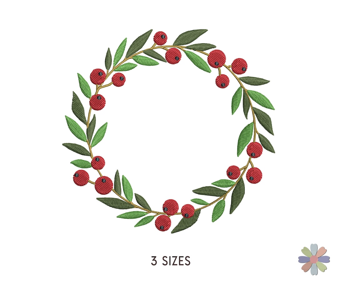 Flower Wreath With Red Berries Embroidery Design Thirtin: Ornament ...