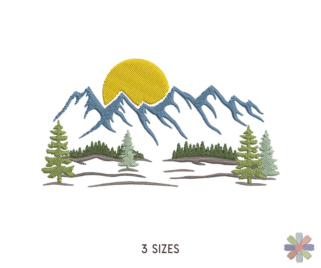 Mountains in Forest on Sunset Landscape Embroidery Design Thorti ...