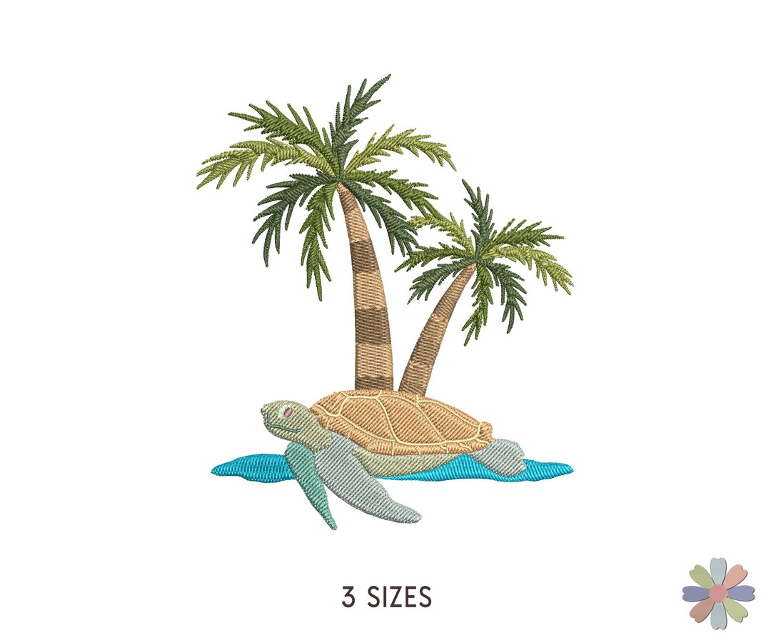 Swimming Turtle and Palm Trees Embroidery Design. Machine Embroidery ...