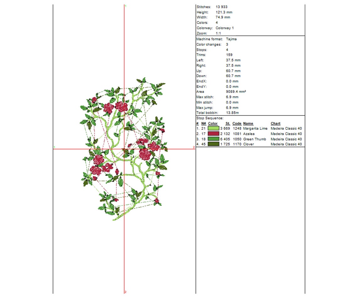 Summer Leafy Tree Branch With Red Flowers Embroidery Design Onni ...