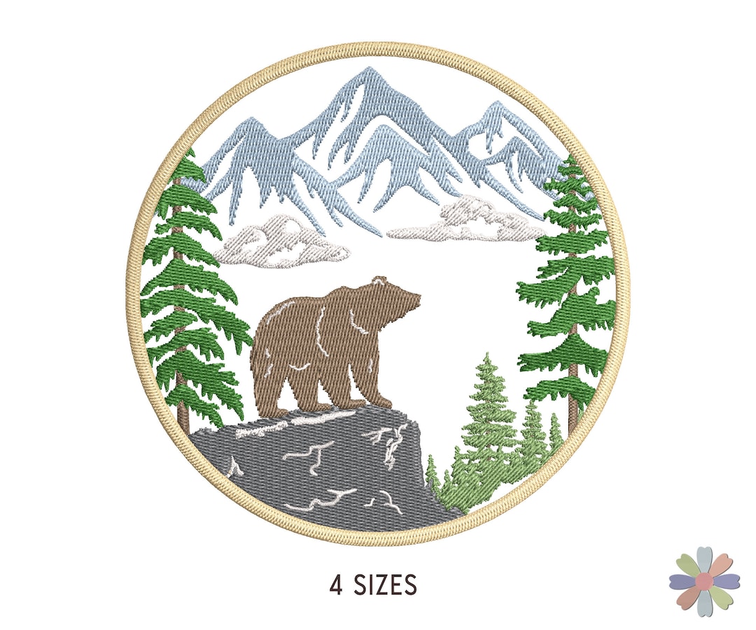 Walking Bear in Mountains Forest Embroidery Design: Animals Round Scene ...