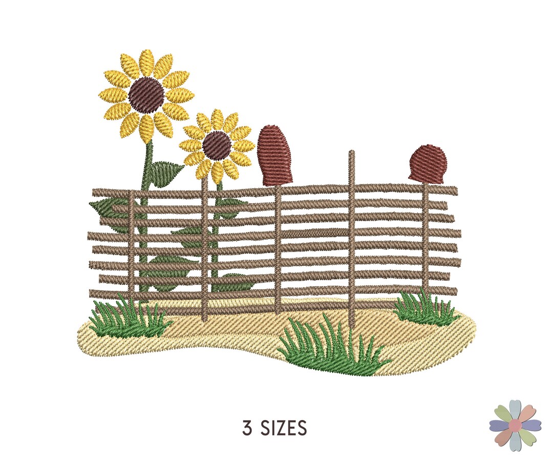 Sunflowers and Rustic Fence With Pots Embroidery Design: Flowers Scene ...