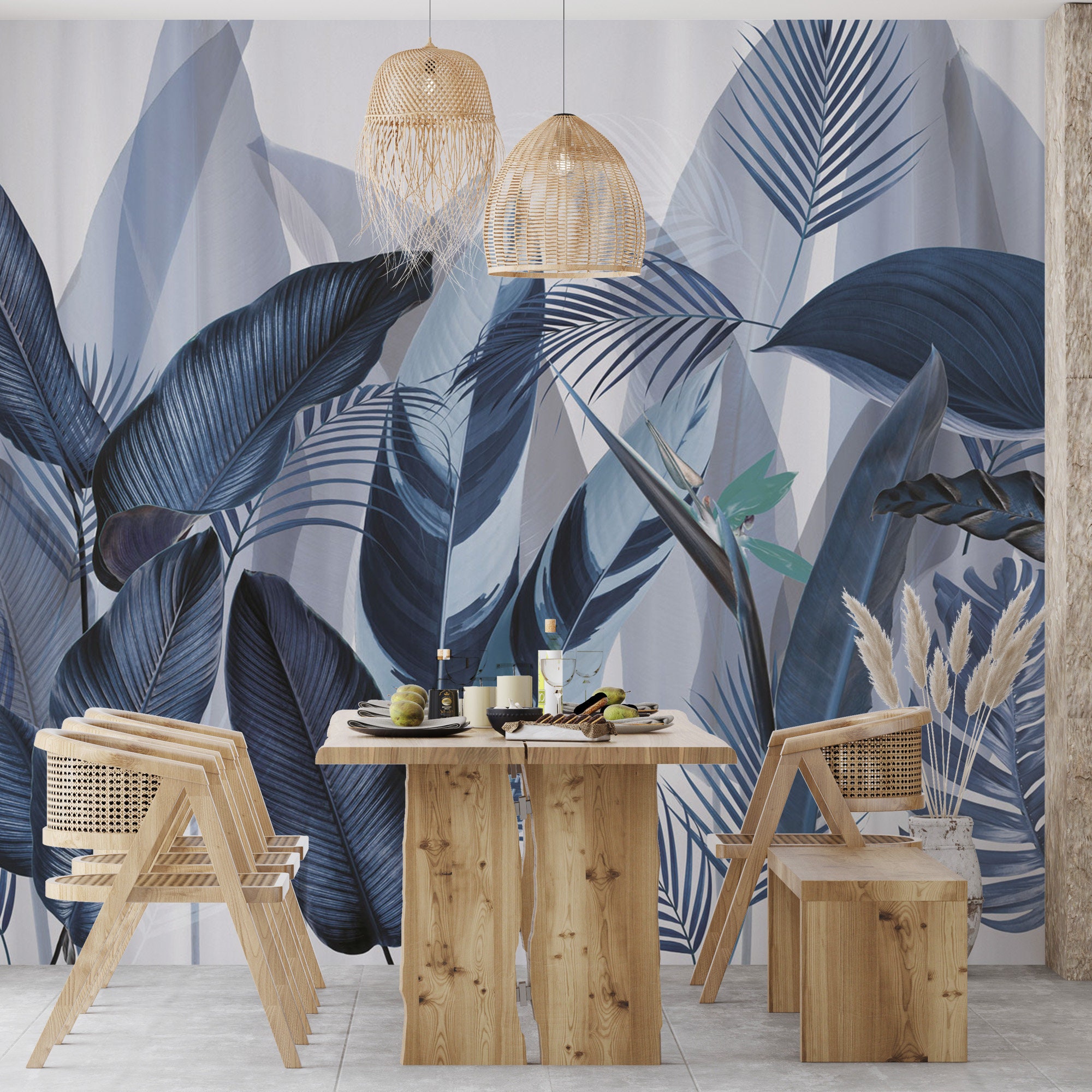 Blue Big Tropical Leaves Wallpaper , Blue Tropical Plants Wall ...