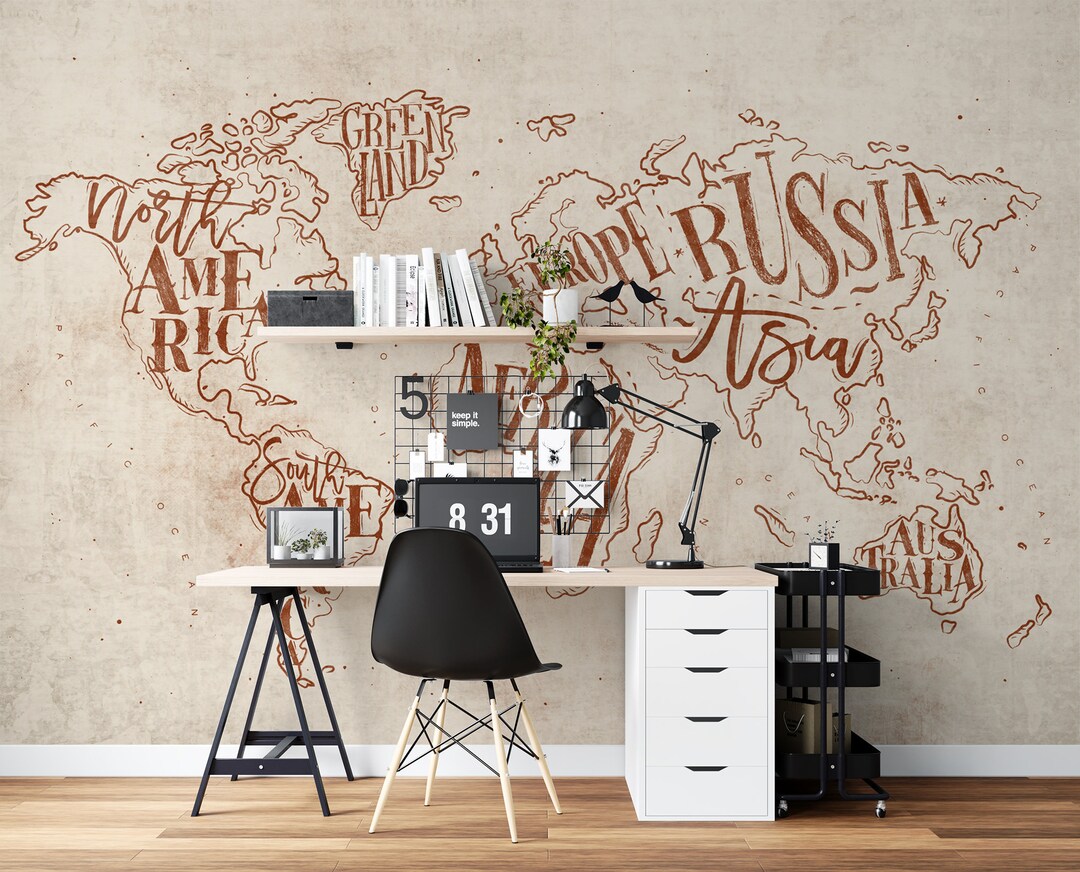 Continents World Map Wallpaper, Office and Teen Room Decoration Mural ...