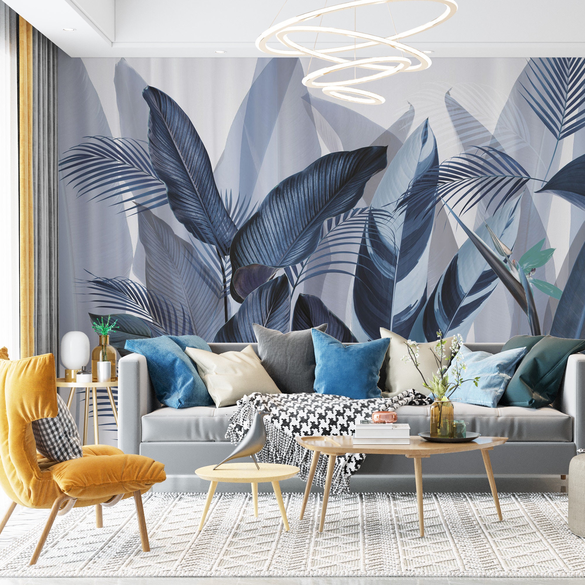 Blue Big Tropical Leaves Wallpaper , Blue Tropical Plants Wall ...