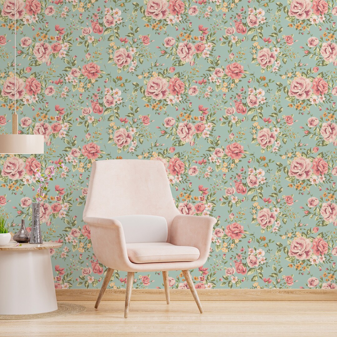 Pink Roses Wallpaper on Turquoise Background Vintage Floral - Etsy